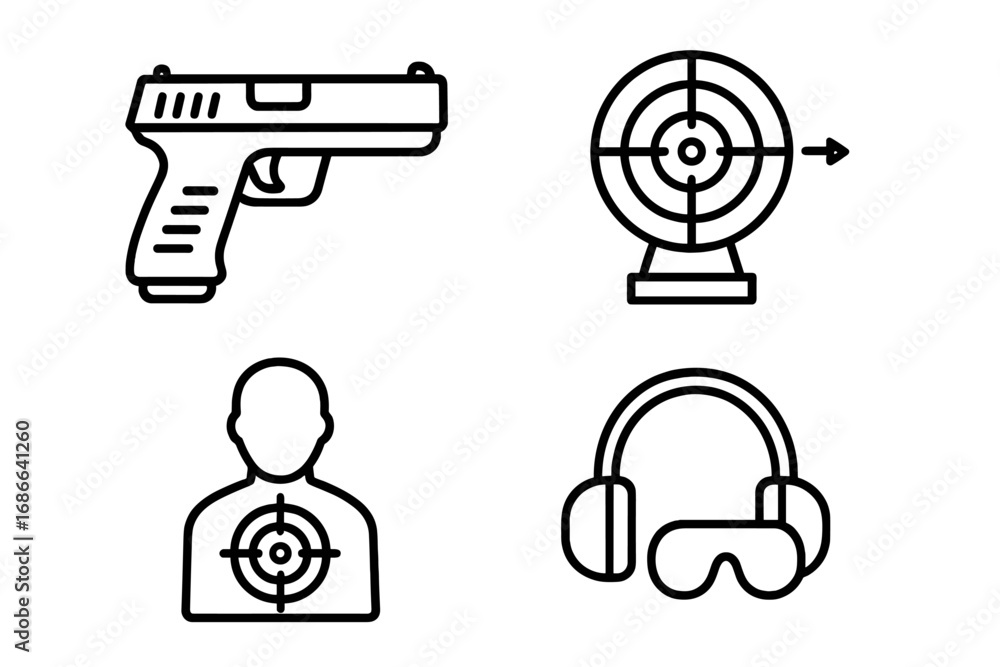 Shooting Range Icon Set, Firearm and Target Practice, Safety Equipment ...