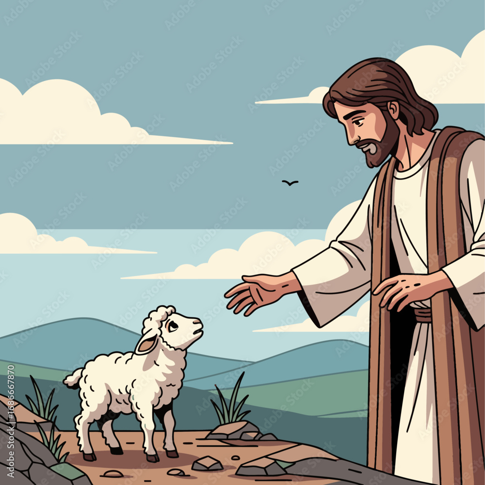 Jesus reaching for a lost sheep, bible story Stock Vector | Adobe Stock