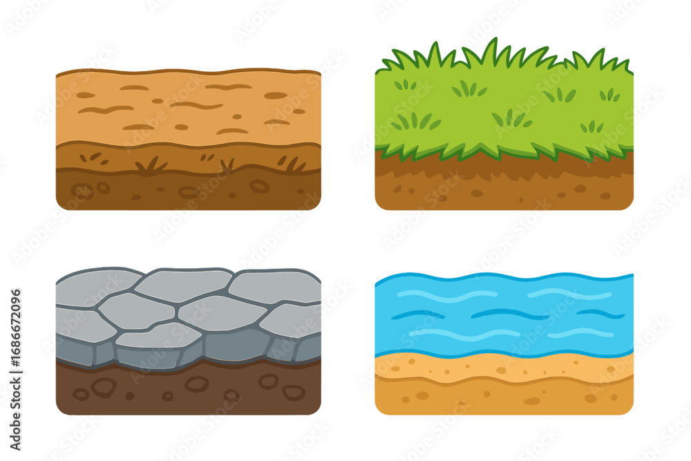 Game asset set for level design. Cartoon ground tiles. Grass, soil ...
