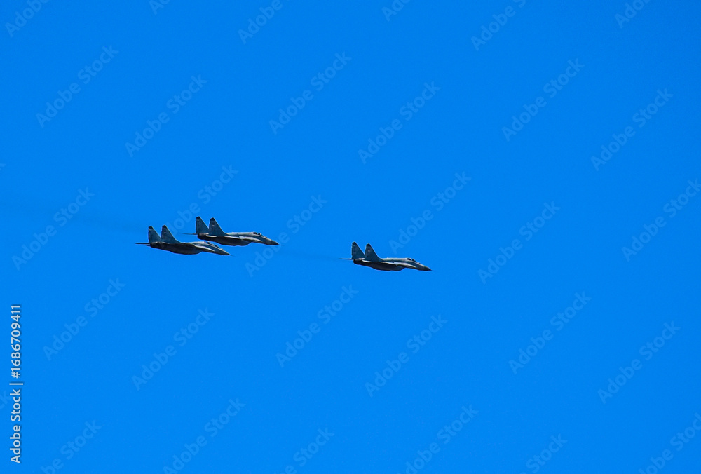 Military fighter jets in low-altitude flight over Belgrade, Serbia ...