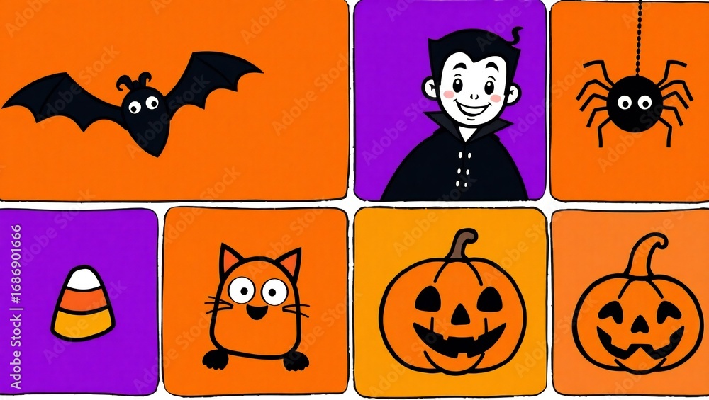 Cute halloween icons collage featuring bat vampire spider pumpkin candy ...