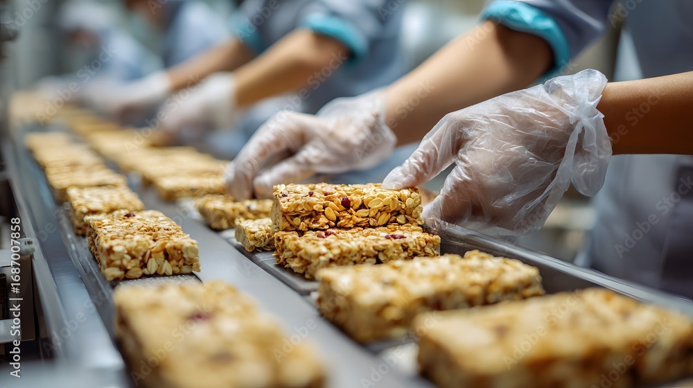 female workers in a food production line at the factory make granola ...