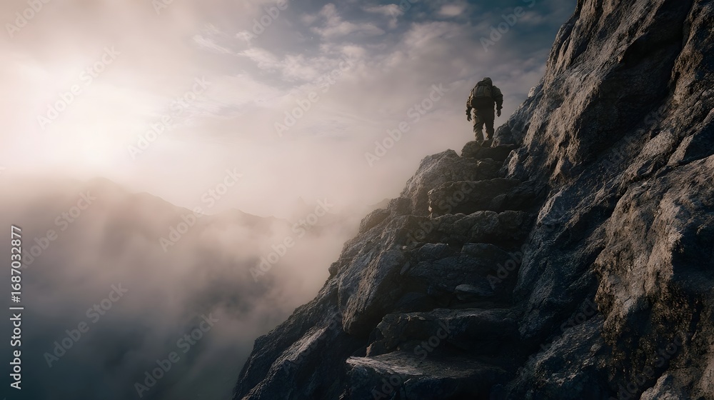Lone hiker climbs rugged stone steps on a steep mountain path ascending ...