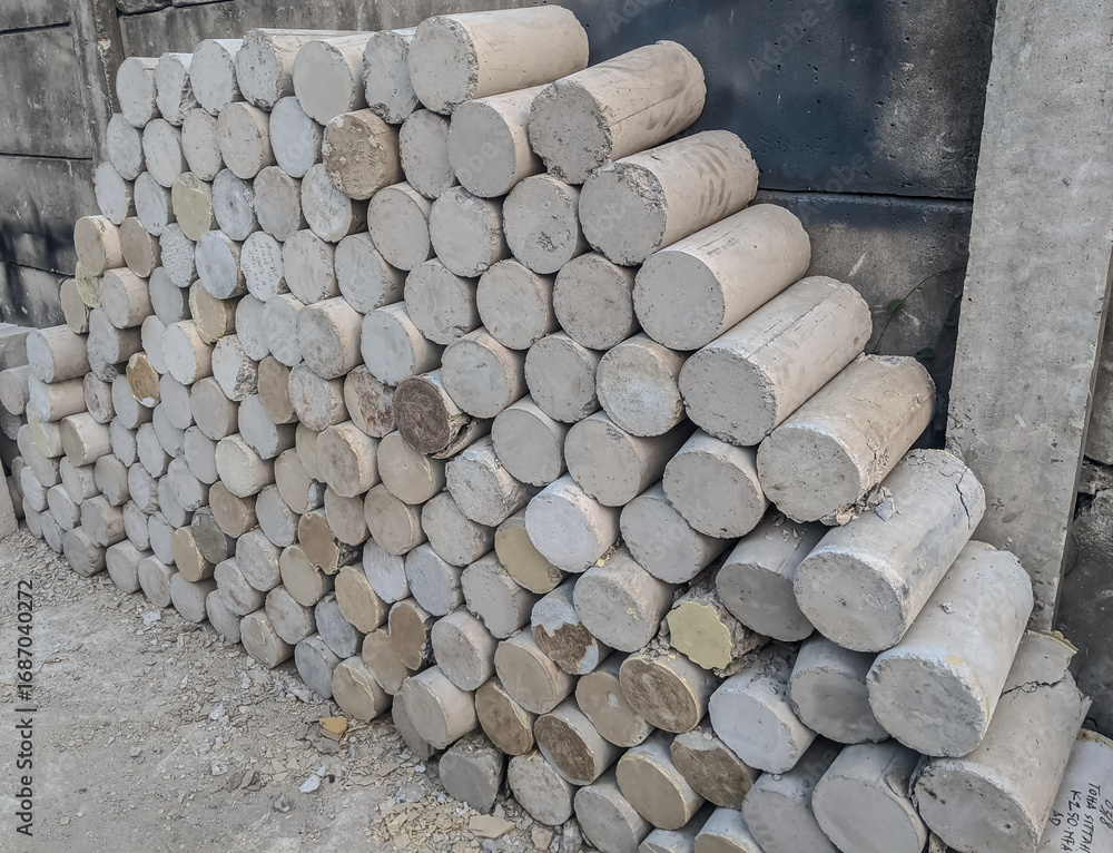 Stack of concrete cylinder test specimens used in laboratory for ...