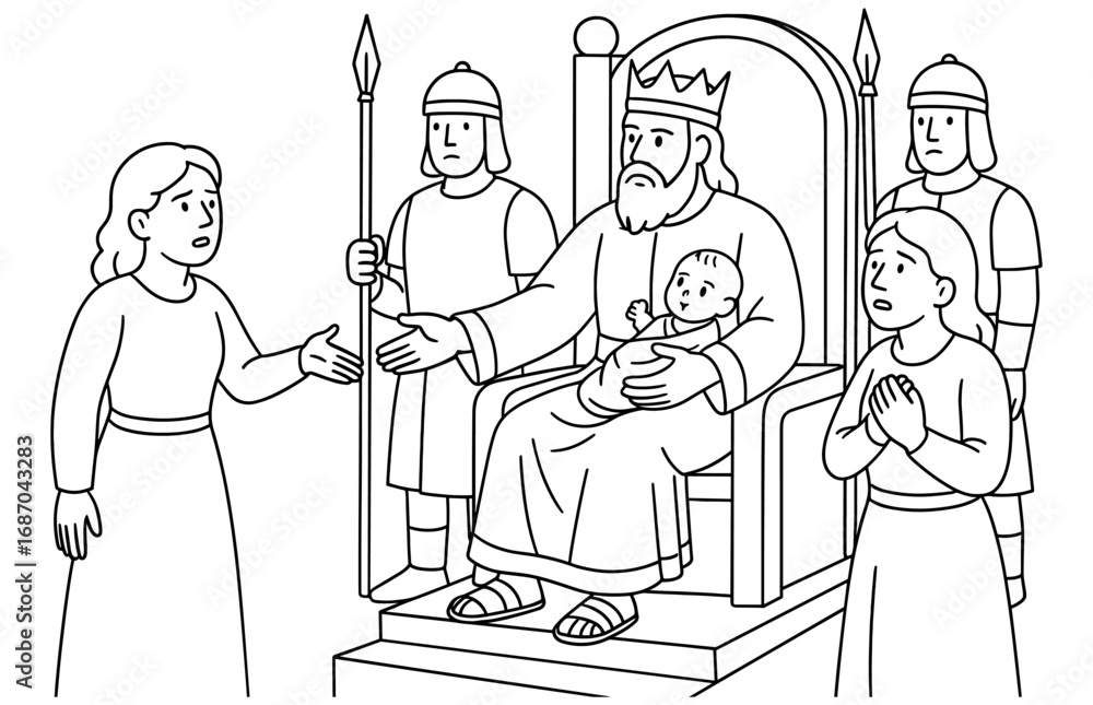 Depiction of king solomon's judgement scene with historic and biblical ...