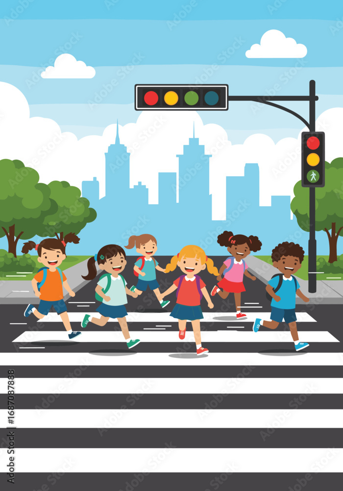 Happy children safely crossing the street at the crosswalk, teaching ...