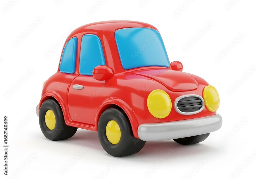 Cartoon Red Car with Yellow Wheels and Blue Windows on White Background ...