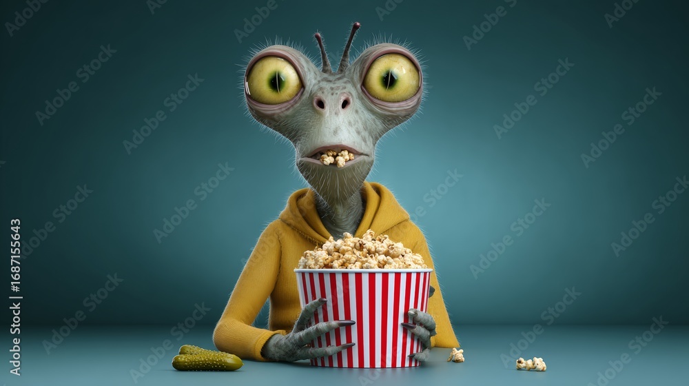 Stock-Foto „Cartoon character is holding a red and white popcorn bucket ...