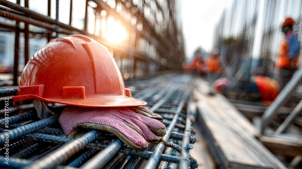 Construction Site Safety: Orange hard hat and gloves resting on rebar ...