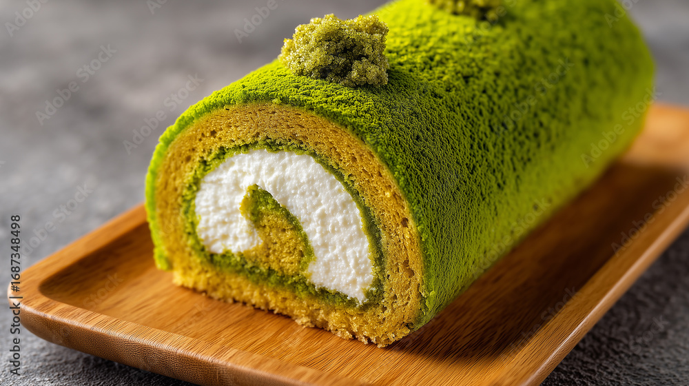 Matcha Green Tea Swiss Roll Cake with Cream Filling and Matcha Powder ...