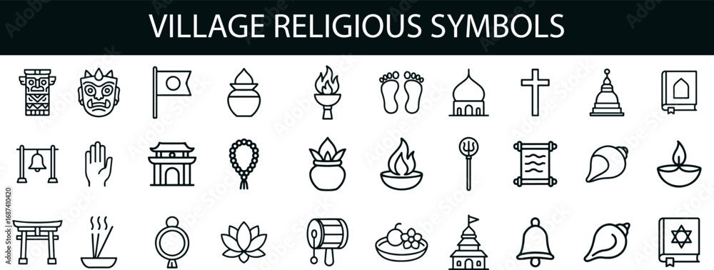 Village Religious Symbols Icon Set for Cultural Heritage, Rituals, and ...