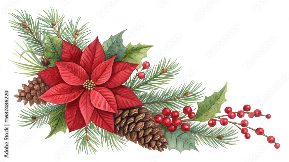 Christmas poinsettia pine cone and holly corner decoration isolated on ...