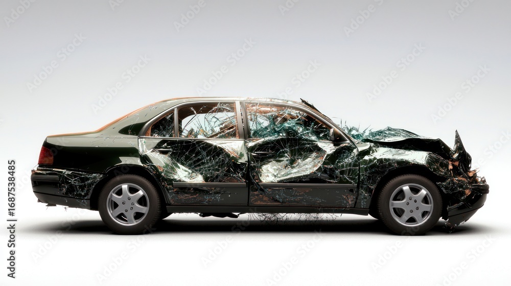 Severely damaged car with shattered windows and crushed bodywork, shown ...
