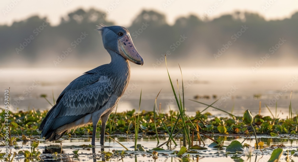 Shoebill Stork Standing in Wetland at Dawn, Uganda Wildlife Photography ...