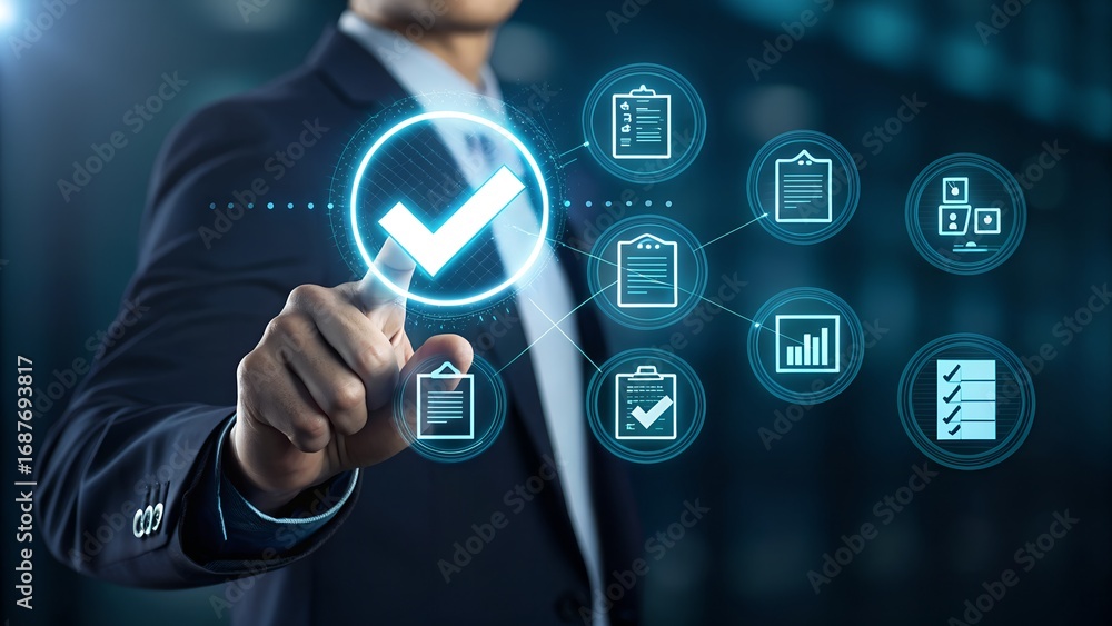 Compliance check mark approval quality control standards concept Stock ...