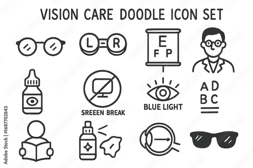 Vision Care Doodles. Vision care doodle icon set: hand drawn icons of ...