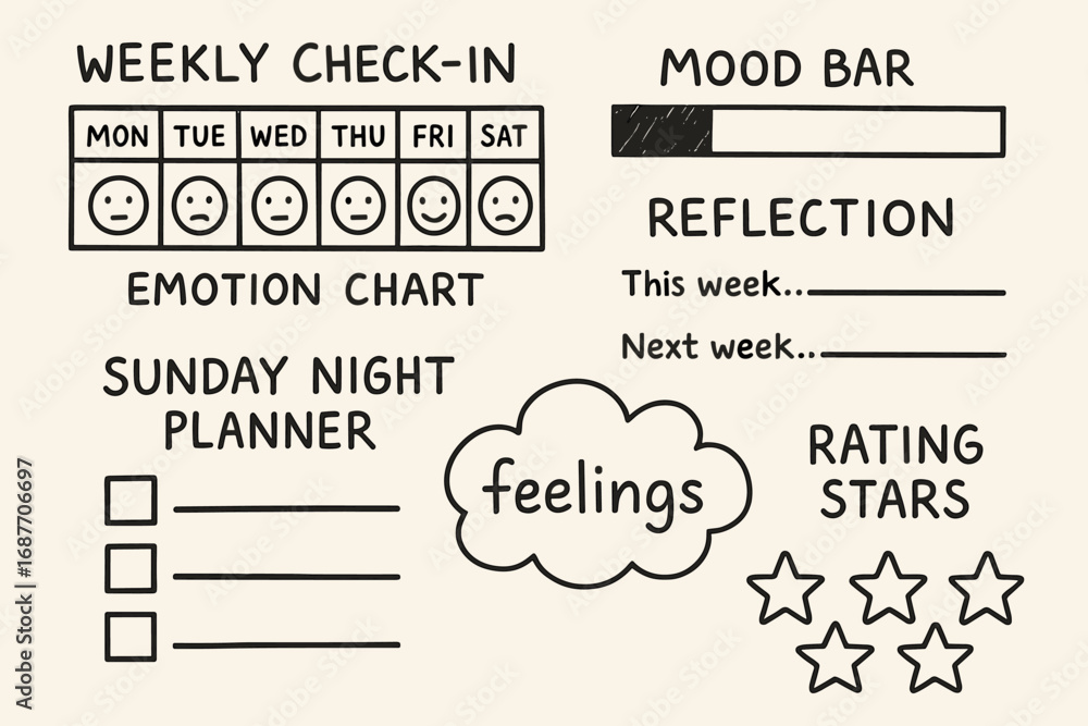 Weekly Mood Tracker. Weekly check-in: hand drawn doodles of emotion ...