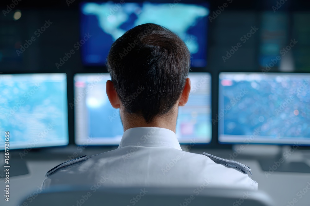 A logistics analyst studying maps and data on multiple monitors in a ...