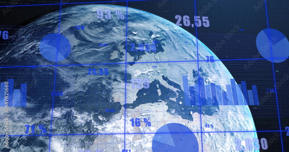 Showing Earth globe on data dashboard with blue gridlines, pie and bar ...
