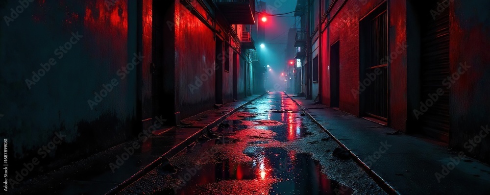 Rain slicked city street at night, a single red light reflecting on a ...