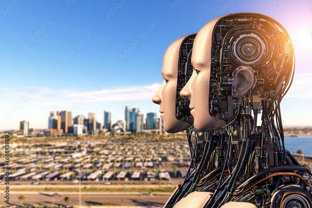 Young ancient Homo sapiens interacting with AI robots as smart ...