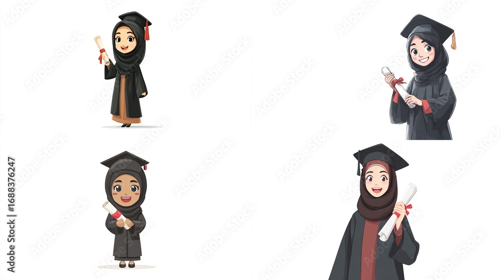 Four cartoon figures of female graduates in black caps & gowns, holding ...