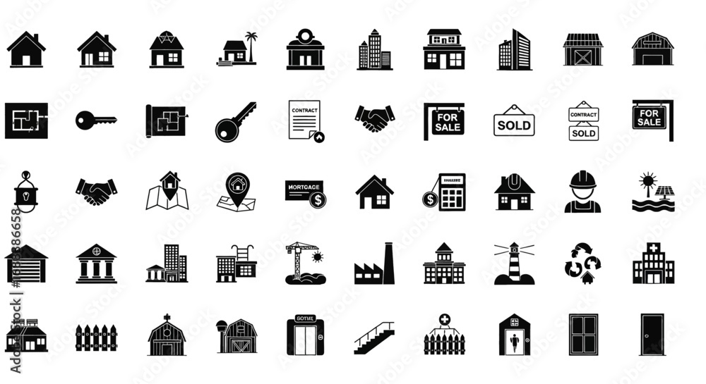 Real estate icons representing houses, buildings, and property symbols ...
