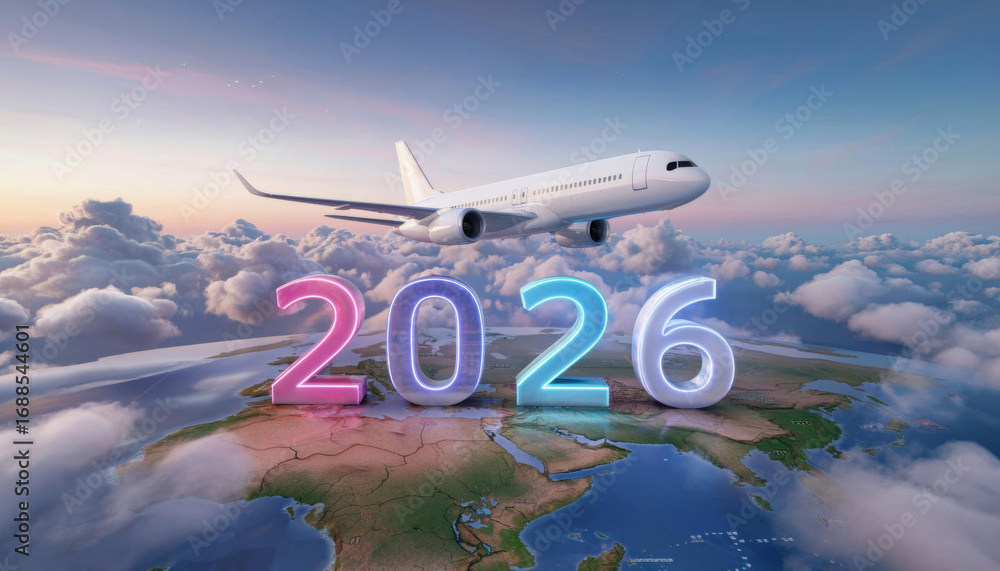 The plane flies over the numbers 2026. The concept of tourism in the ...