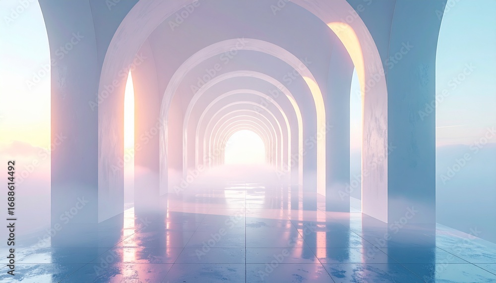 Endless horizon of luminous arches fading into mist, layered with soft ...