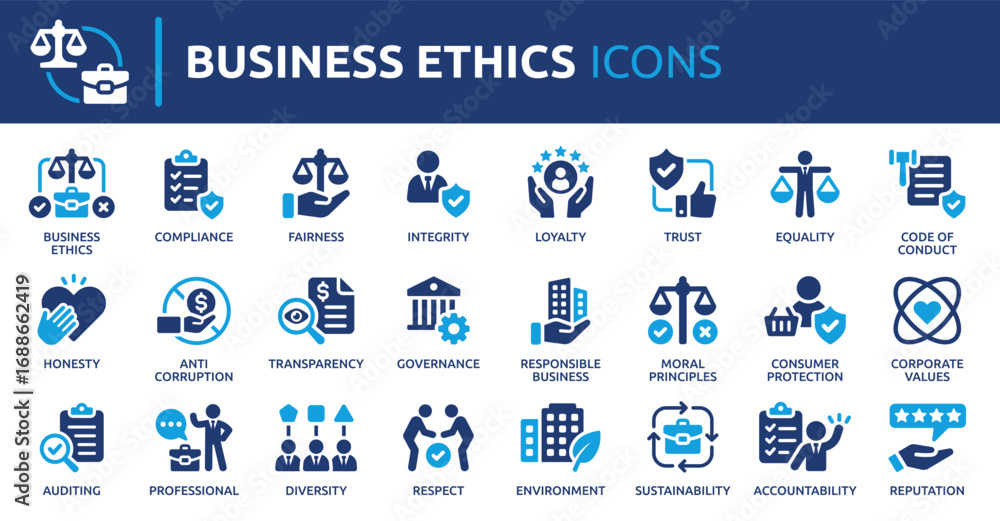 Vetor Business ethics icon set. Compliance, fairness, integrity ...