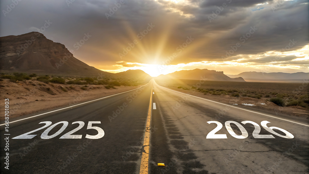 Road to future journey 2025 2026 with sun rays desert landscape Stock ...