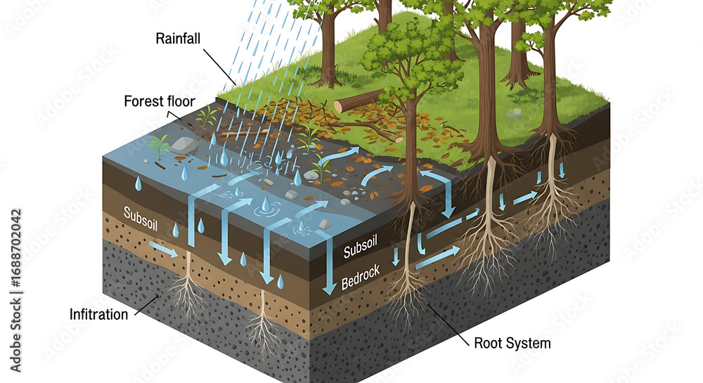 Diagram of forest ecosystem water cycle showing rainfall, infiltration ...