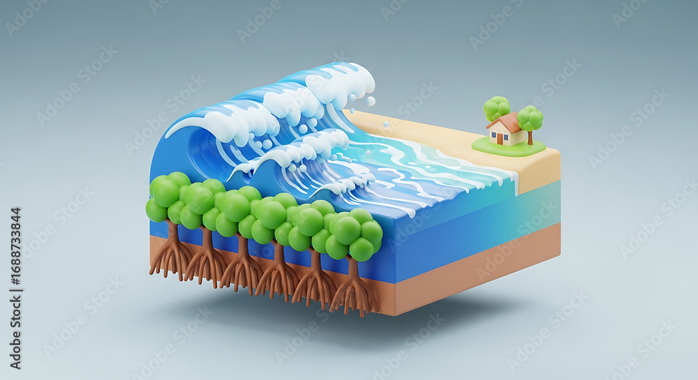 3D model of a tsunami impacting a coastal area with mangrove roots ...