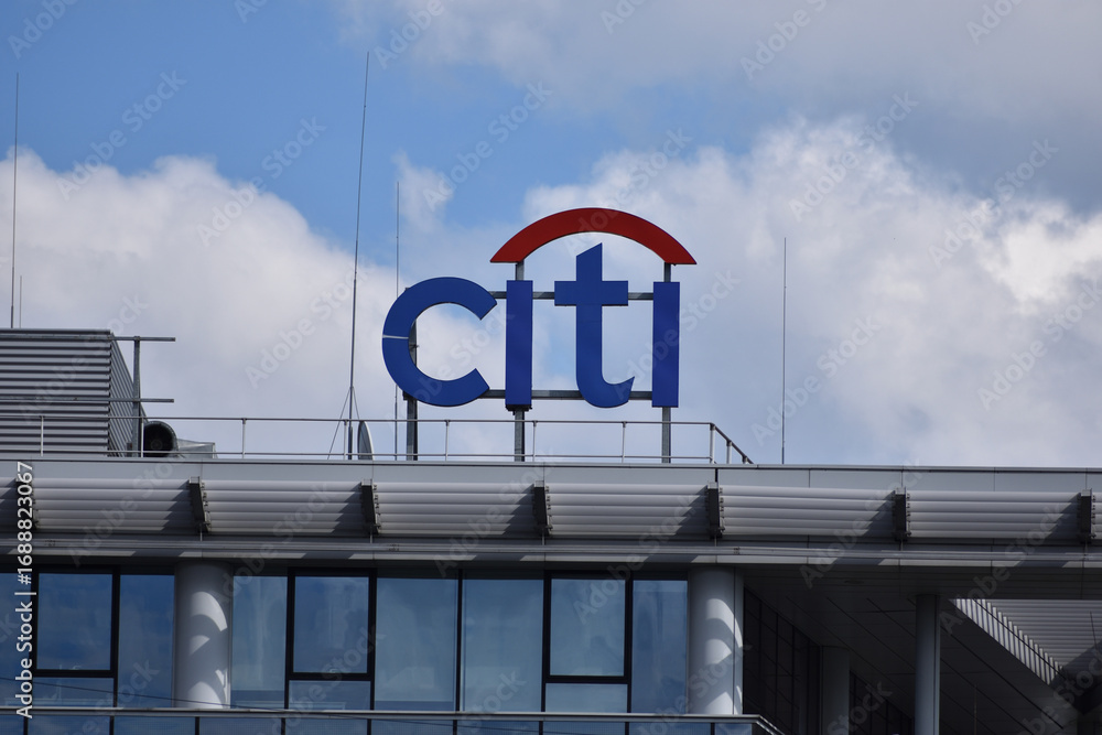 Citi Bank office with signage, logo, symbol on the facade. WARSAW ...