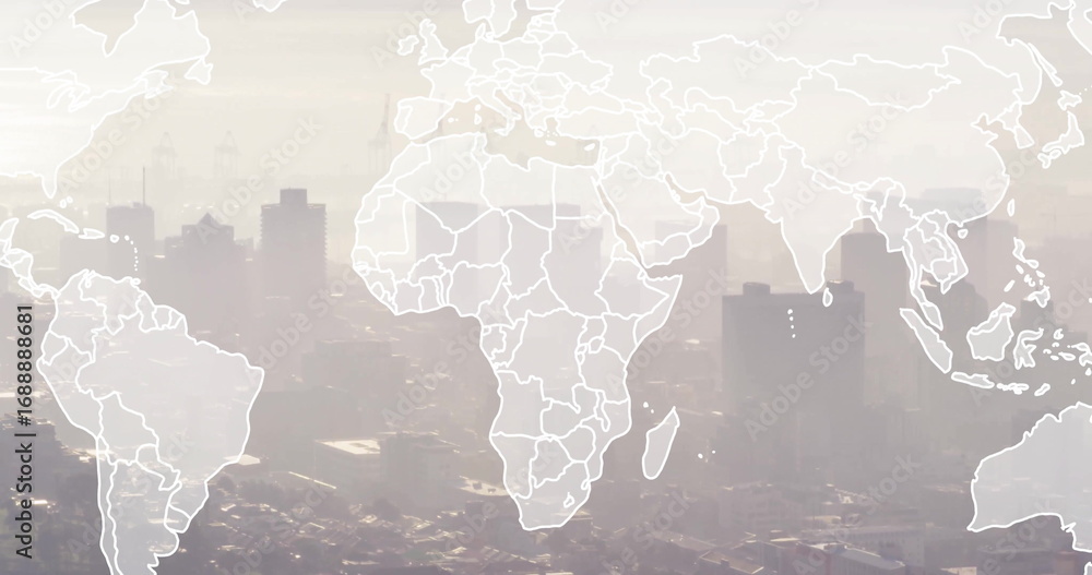 Displaying white world map outline spanning urban skyline under hazy ...