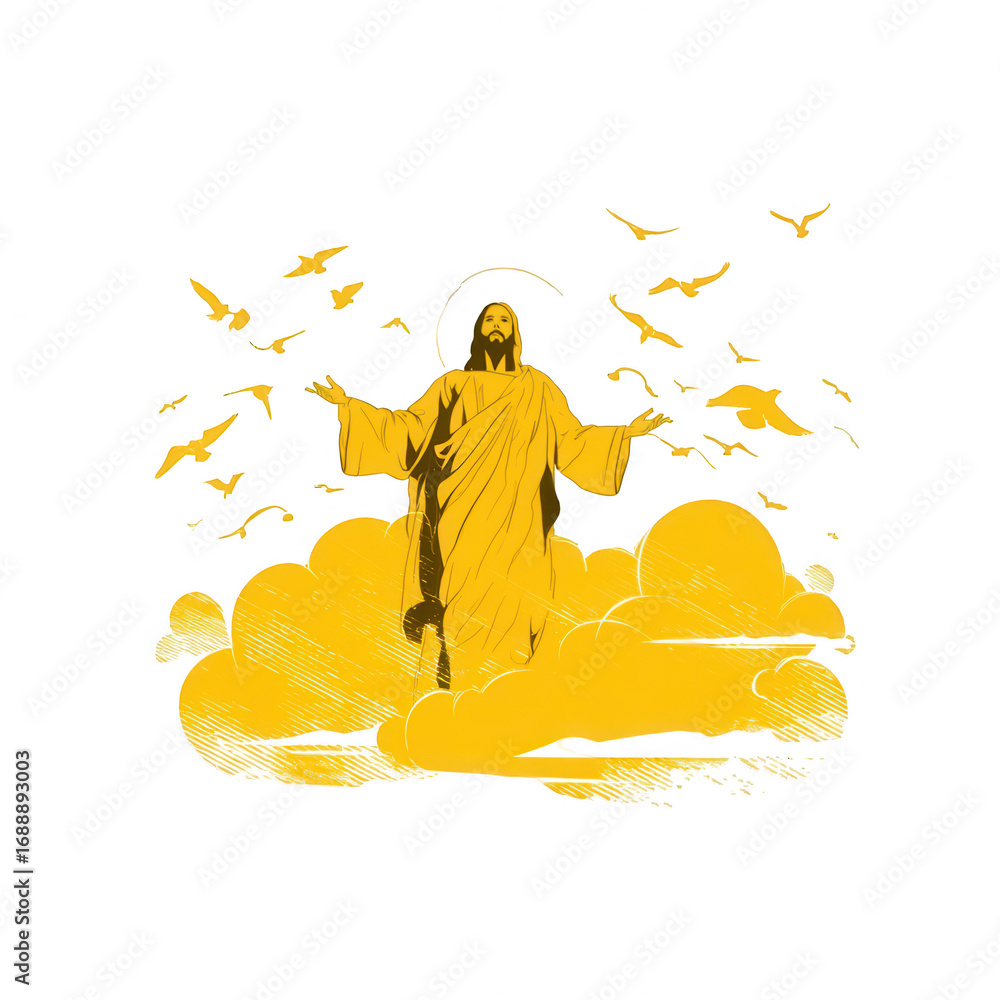 jesus standing with open arms, clouds and birds flying around him, jpeg ...