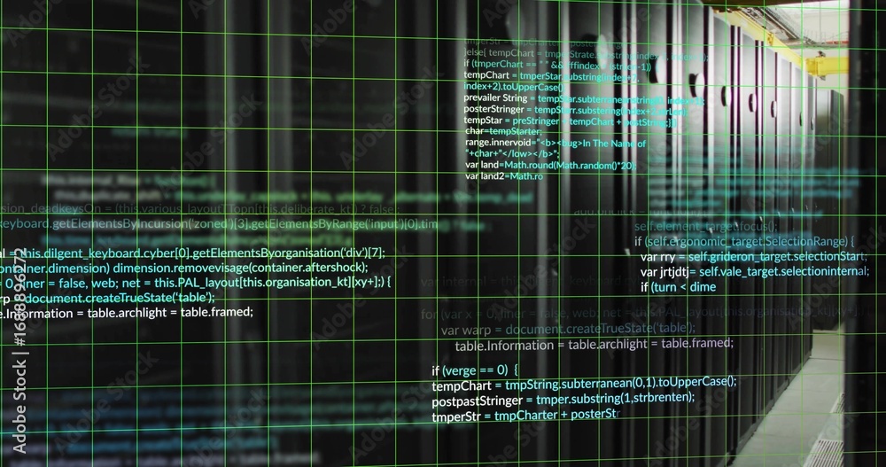 Displaying server racks shimmering in data center corridor, with code overlay, LED status lights ...