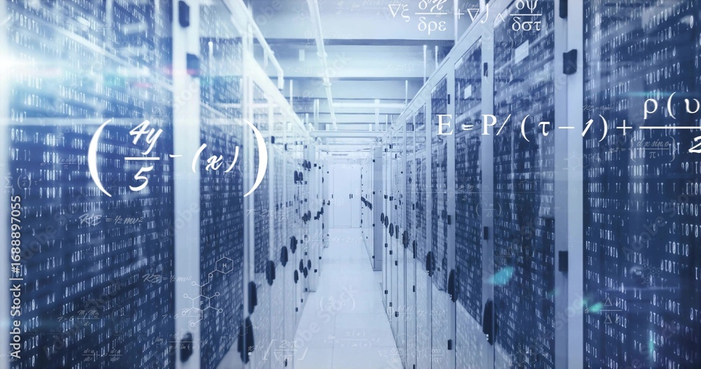 Stock-Illustration „Streaming binary math overlays in data center corridor lining server racks ...