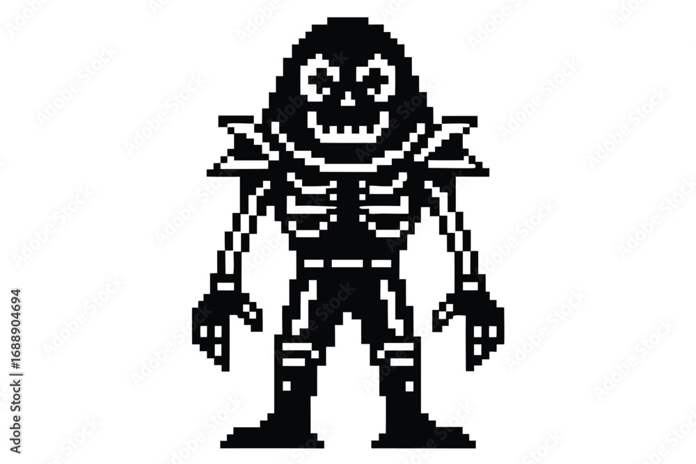 Pixel Art Cartoon Skeleton, Pixelated Design with Shoulder Armor, White ...