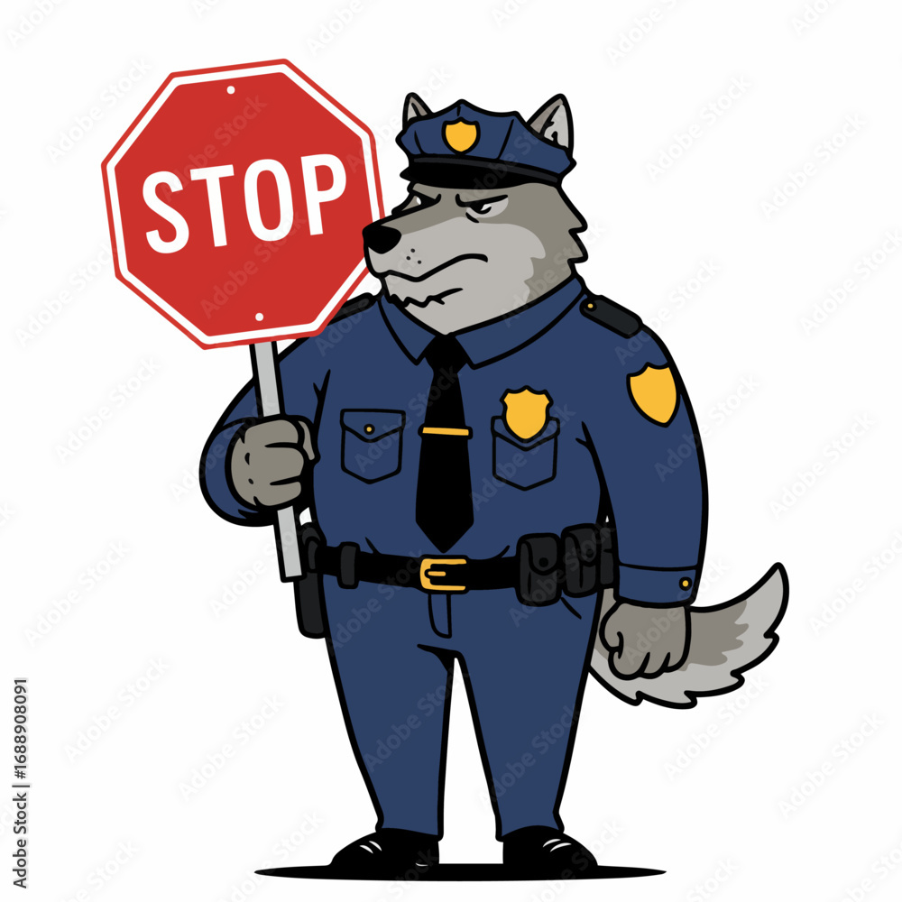 Serious cartoon wolf police officer holding a stop sign, enforcing ...