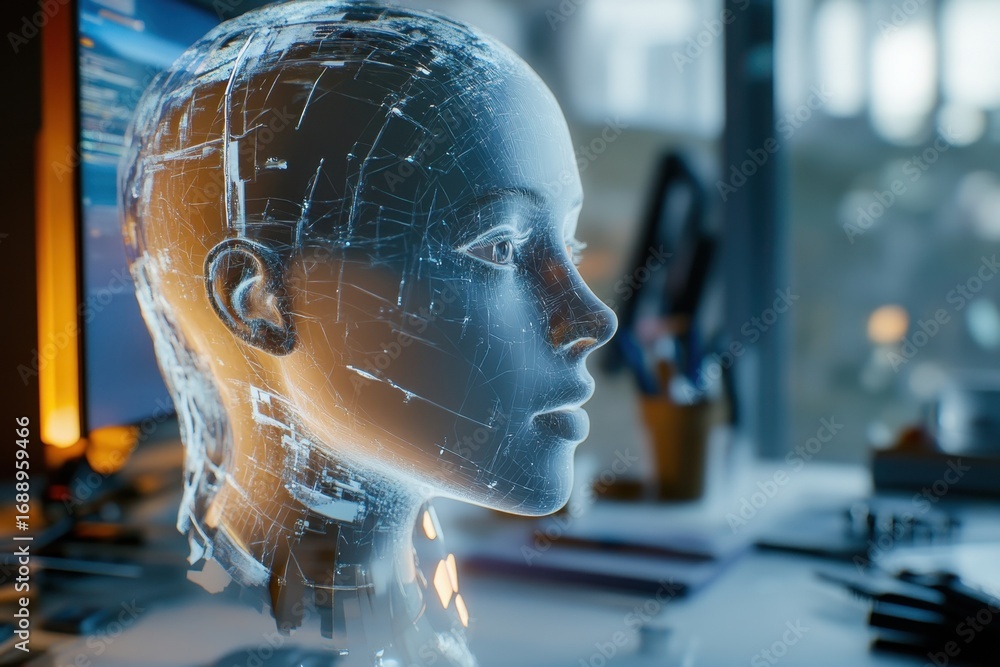 Futuristic artificial intelligence head displayed on a desk beside computer in modern workspace ...