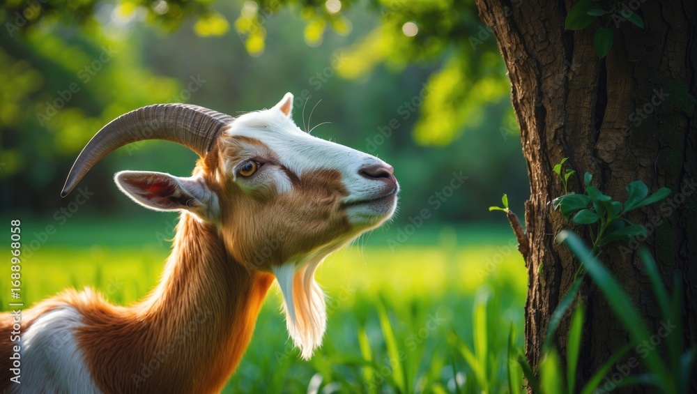Goat in natural setting with green foliage and tree trunk, outdoor ...
