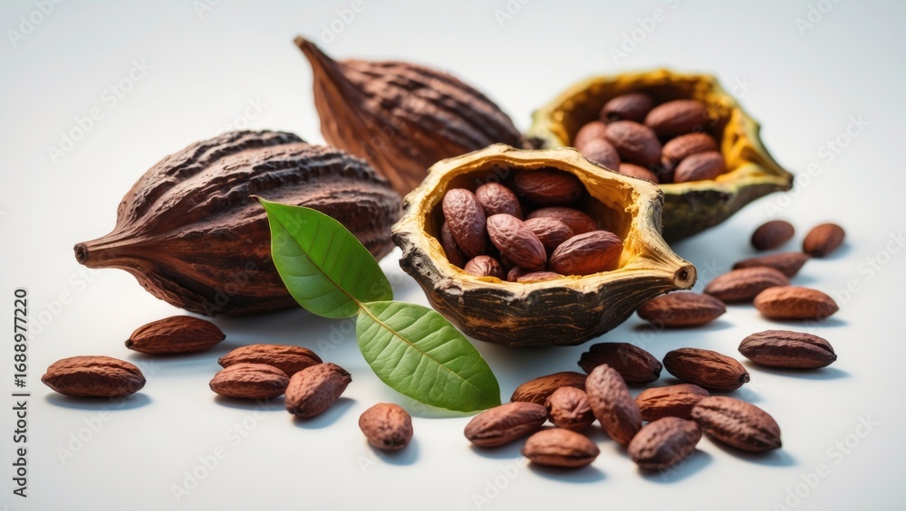 Cocoa pods and beans with green leaves, close-up. Cocoa seeds and pods ...