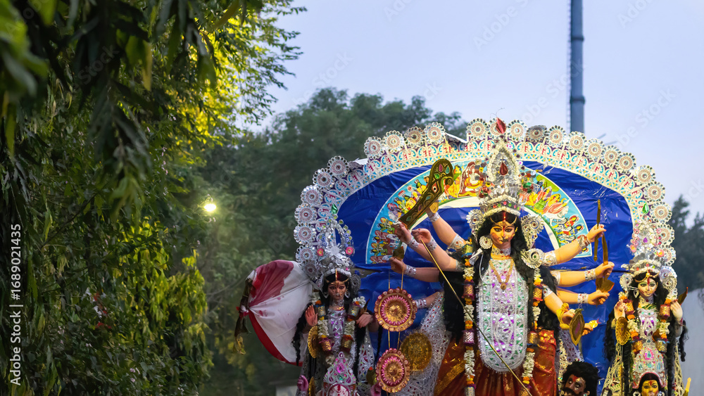 Durga puja with idol of goddess Durga during festival celebration. Idol ...
