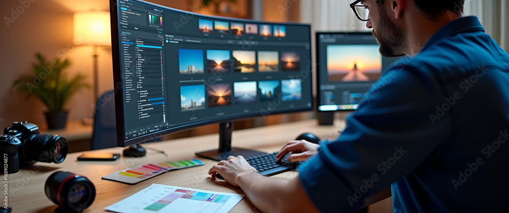 Graphic designer editing photos on dual monitor workstation surrounded ...