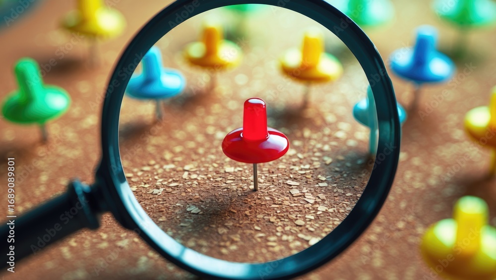 Colorful push pins on a corkboard seen through a magnifying glass ...