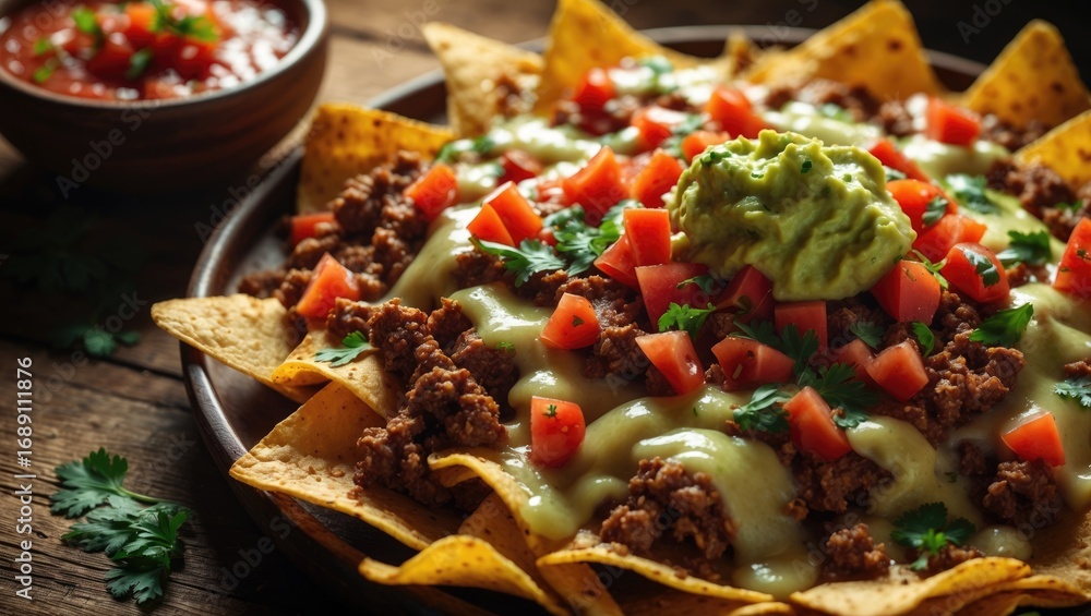 Crispy nachos topped with melted cheese, seasoned ground beef, diced ...