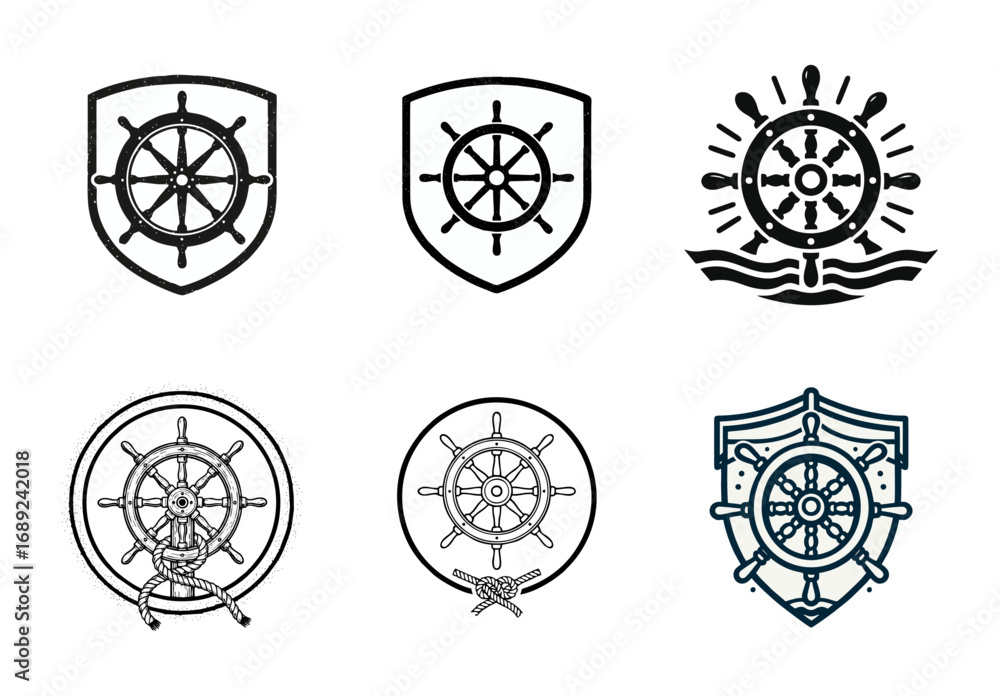 Set of Nautical Ship Wheel Emblems and Helm Logos for Marine and ...