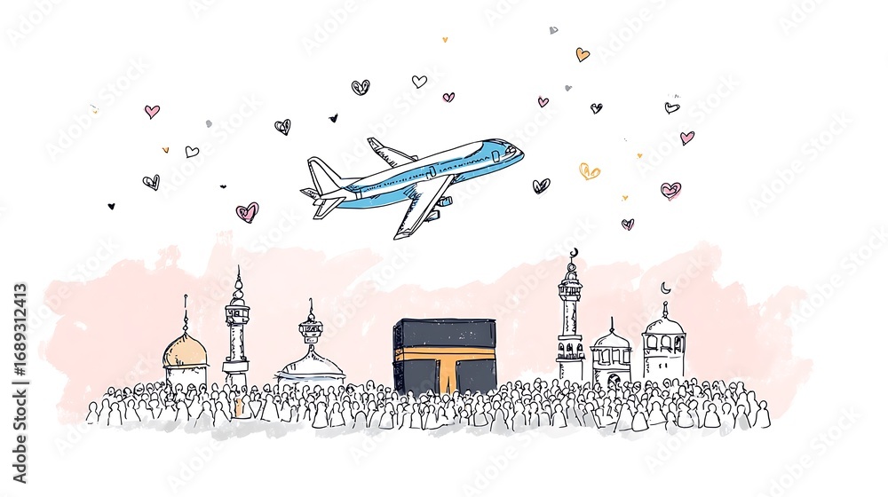 Hajj Umrah Pilgrimage Travel Kaaba Airplane Sketch Muslim Journey Mecca ...