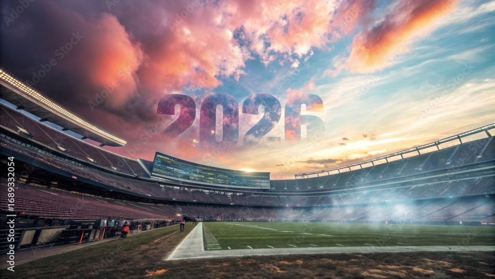 Illustration Stock 2026 Stadium Sunset - A dramatic sunset over a large ...